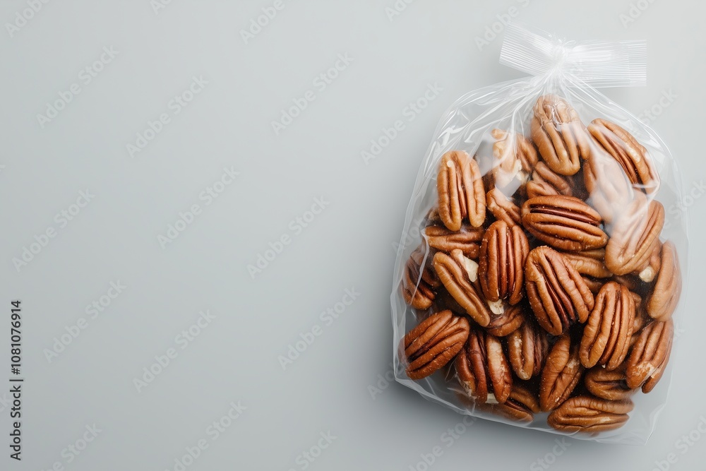Transparent plastic bag filled with pecan in shells on a light gray ...