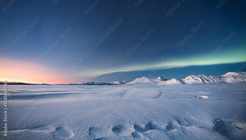 Snow-Covered Tundra Stretching for Miles, With the Distant Glow of the Aurora Borealis Lighting ...