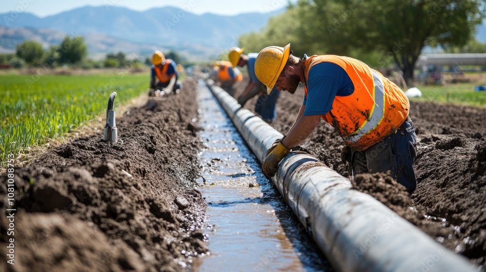 Water Rights and Usage. Workers install a pipeline in a trench ...