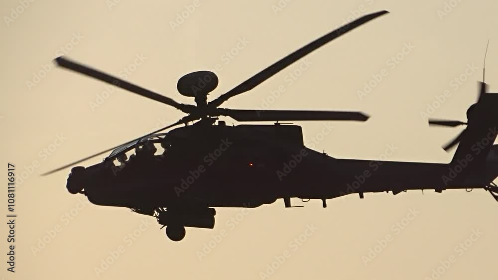 apache attack helicopter flypast backlit by sun during route for combat ...