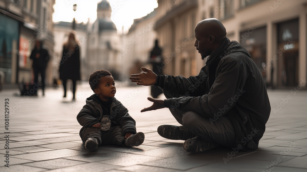 Homeless african man sitting and talking with his son on the street of ...