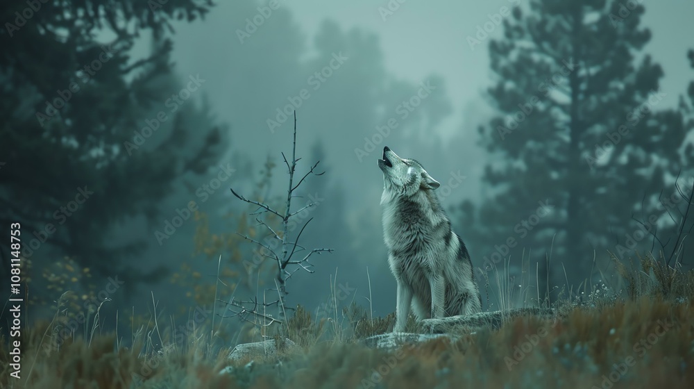 A lone wolf howls in the misty forest. The wolf is sitting on a rock ...