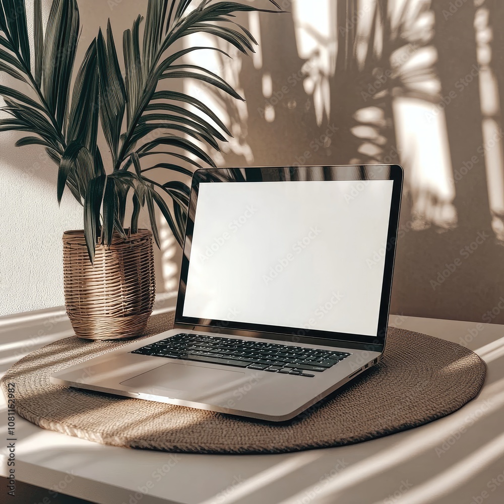 Minimalist laptop mockup with white screen on a clean office table ...