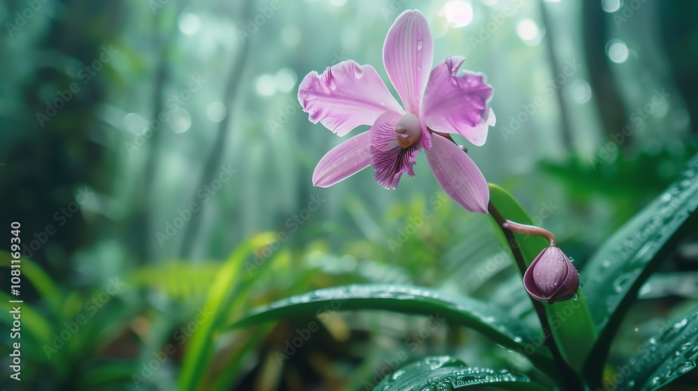 Orchid in the rainforest. The delicate beauty of a single orchid flower ...