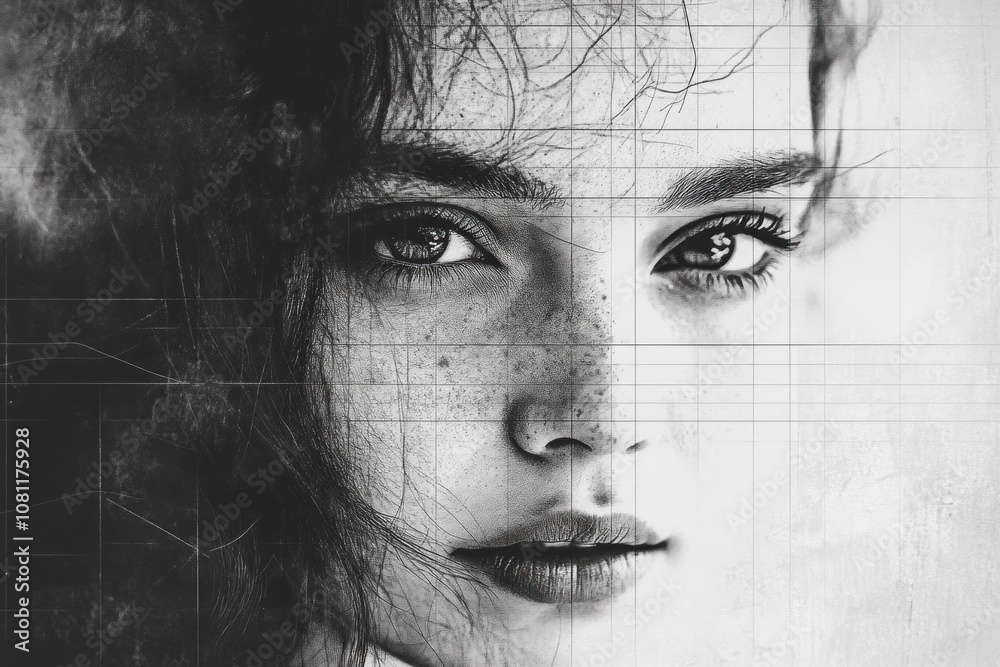 Woman's face with grid pattern, digital overlay effect, modern ...