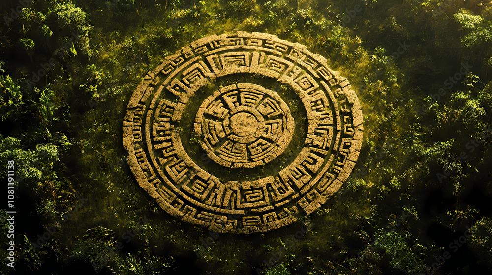 Ilustrace „Ancient mayan circle mysterious crop circle eerie landscape ...