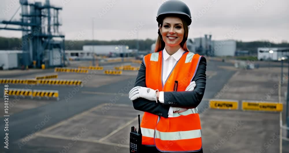 Female safety inspector in orange safety vest, helmet, and gloves ...