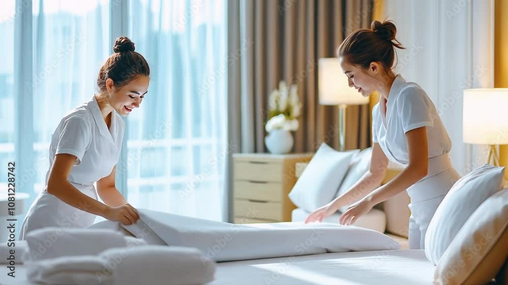 Hotel staff making bed in luxurious room. Professional hospitality ...
