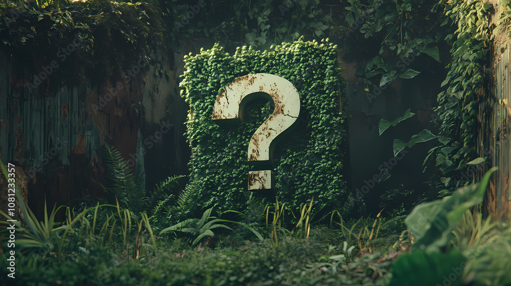 Nature reclaims signage lush green plants engulf question mark sign ...