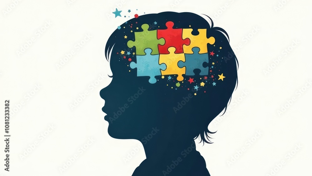 A child's silhouette with colorful puzzle pieces inside their head ...