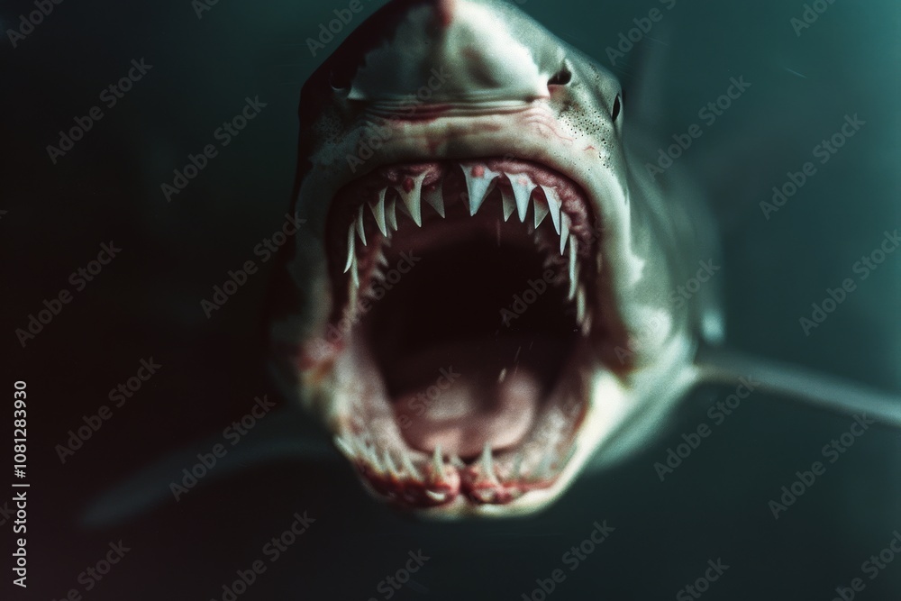 A great white shark emerges from the depths with an open mouth, its ...