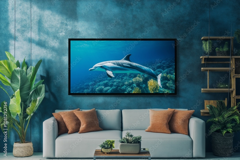 Modern living room with ocean-themed decor, featuring a framed dolphin ...
