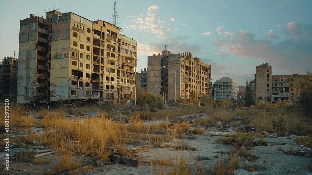 Abandoned Buildings In Polluted Environment A City With Deteriorating Structures In A Heavily