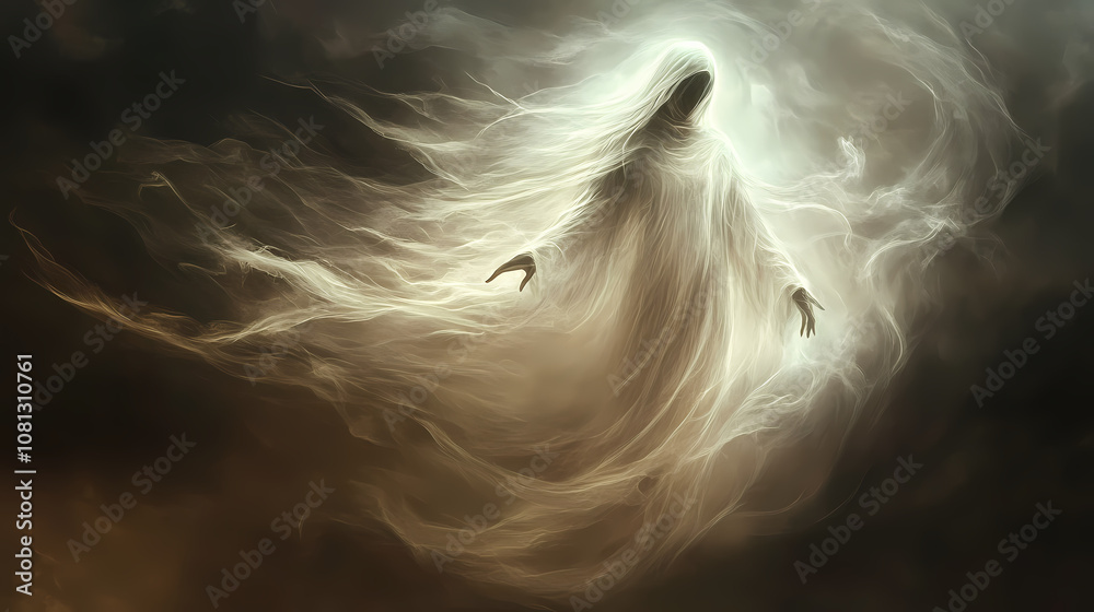 Ghostly apparition of a woman emerging from swirling mist ethereal and ...