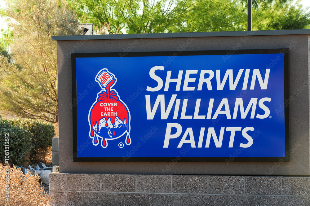 A Sherwin-Williams Paints monument sign displaying its brand name and ...
