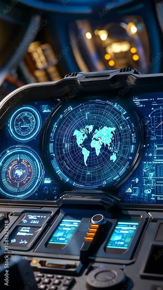 A futuristic spaceship dashboard displays a map of the world with a ...