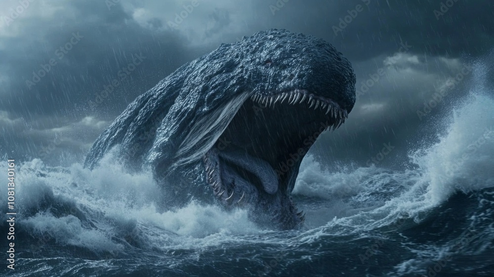 giant apocalyptic sea monster in the middle of the sea in a storm Stock ...