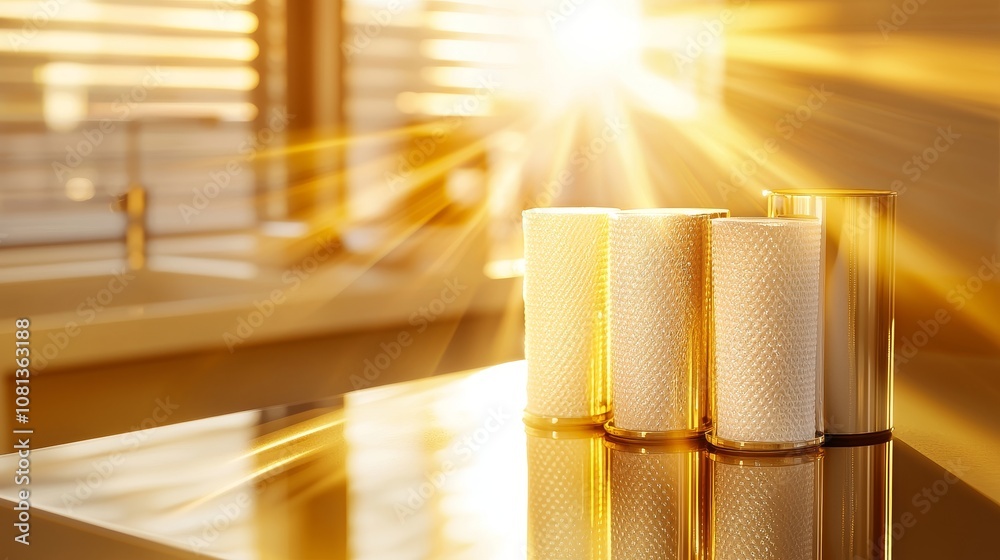 Rolls of paper towels neatly placed on a kitchen island bathed in ...