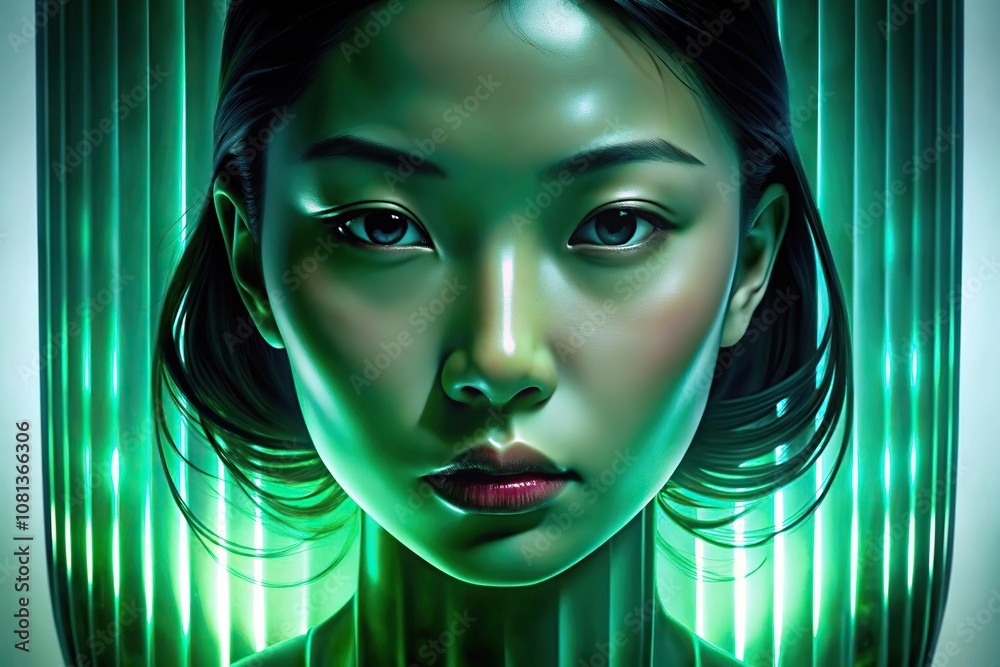 Beautiful girl. Model hidden behind mirror pattern. Glitched and ...