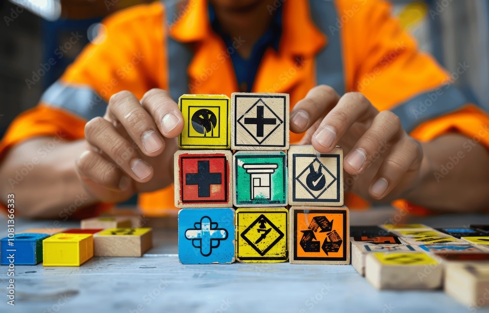 Engineer arranges chemical warning signs on wooden cubes in order of ...