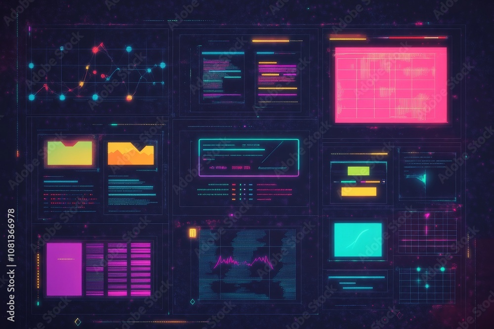 Futuristic Data Visualization Dashboard With Neon Interface And Graphs Stock Illustration