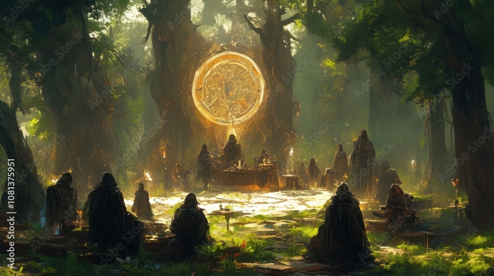 In a remote forest a group of witches and sorcerers gather around a ...