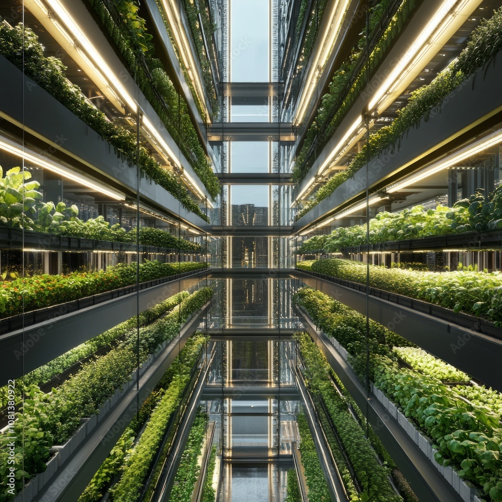 Vertical farms inside urban buildings, growing fresh produce using ...