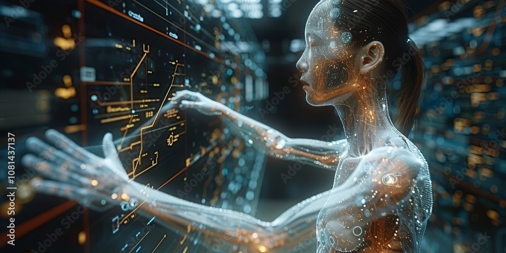 Digital figure of woman interacting with futuristic screens ...