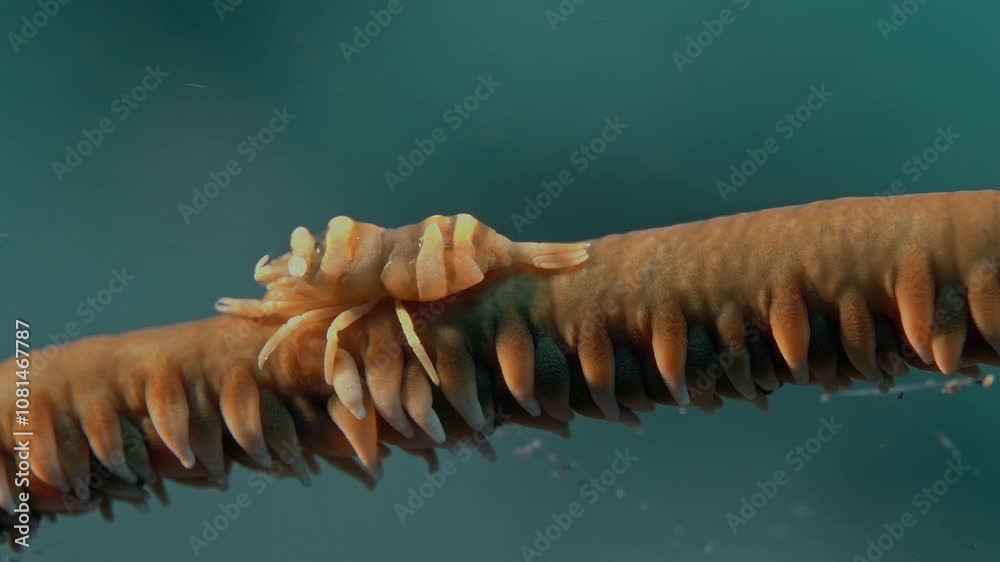 The small shrimp sits on a wire coral and changes its color to match ...