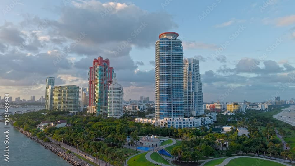 South Pointe Park and South Beach at Miami Beach with its iconic ...