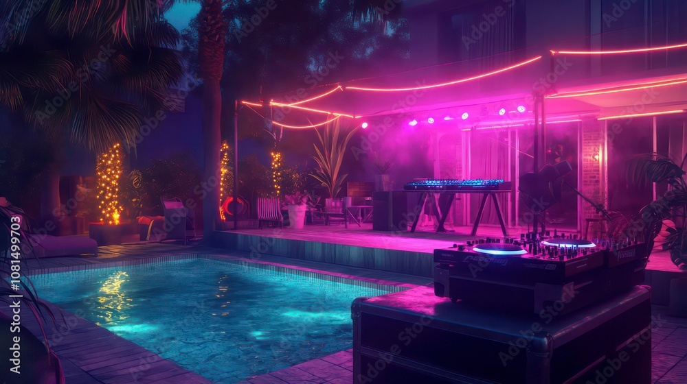 Neon lights illuminate a poolside party with a DJ setup, dance floor ...