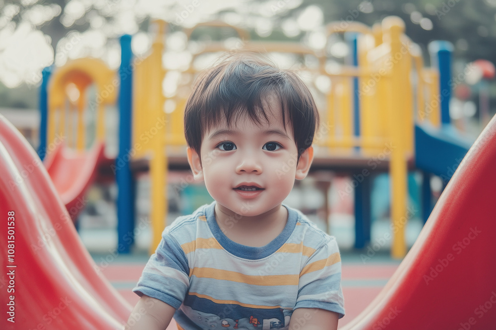 Portrait of kid in playground with slider, Landscape view of playground ...