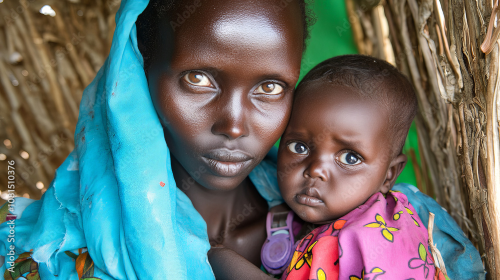 mother holding her baby, both with expressive eyes full of love and ...