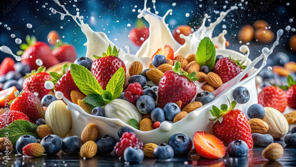 Lively milk splashes mingle with fresh fruits, nuts, and berries ...