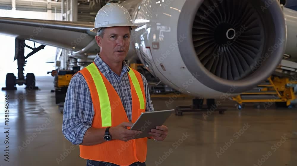 Male engineer in safety gear using a tablet to inspect a jet engine in ...