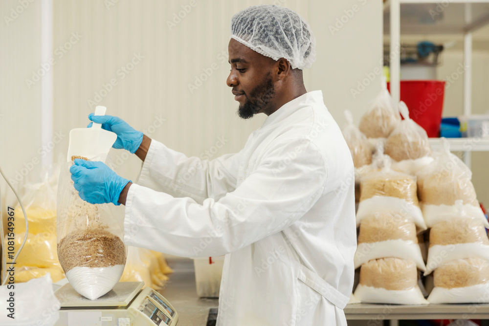 Side view of interracial food factory worker measuring flour and ...