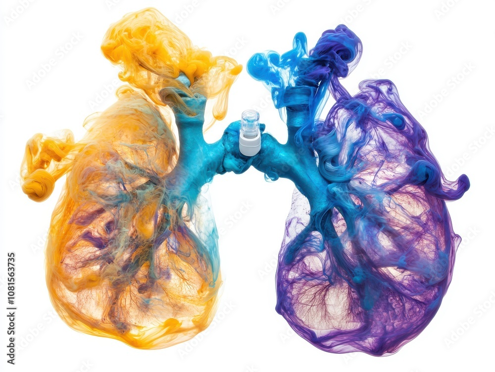 Double exposure of lungs with inflamed airways and an inhaler, isolated ...