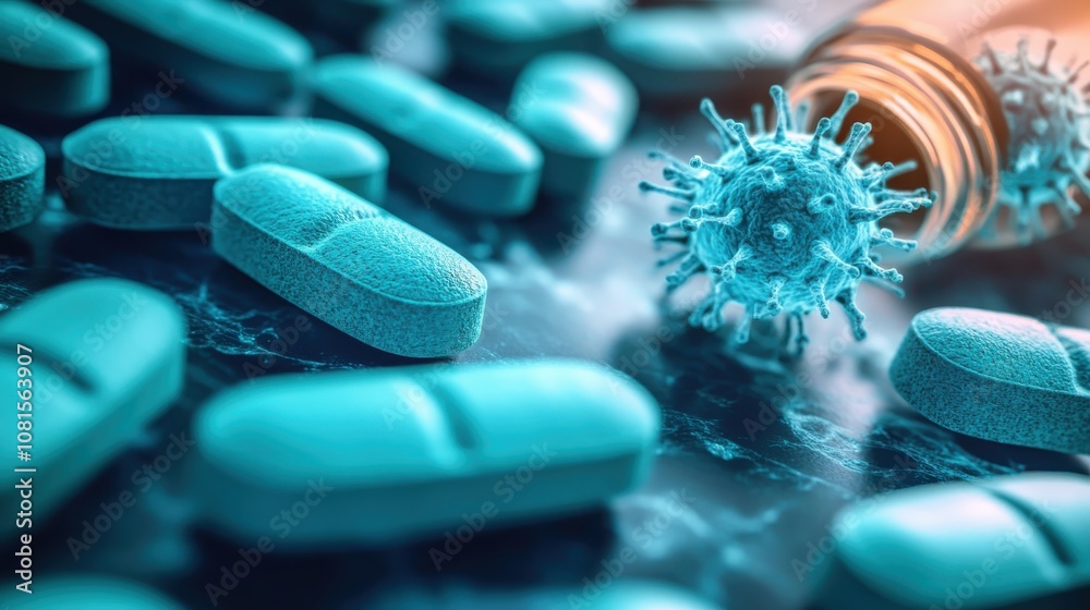 Antibiotic pill bottle overlaid with bacteria, double exposure ...