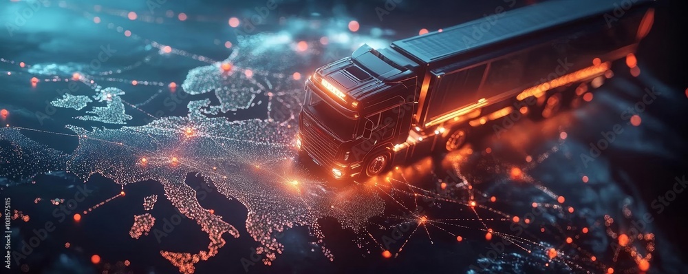 High-tech global logistics visualization with an illuminated truck and ...