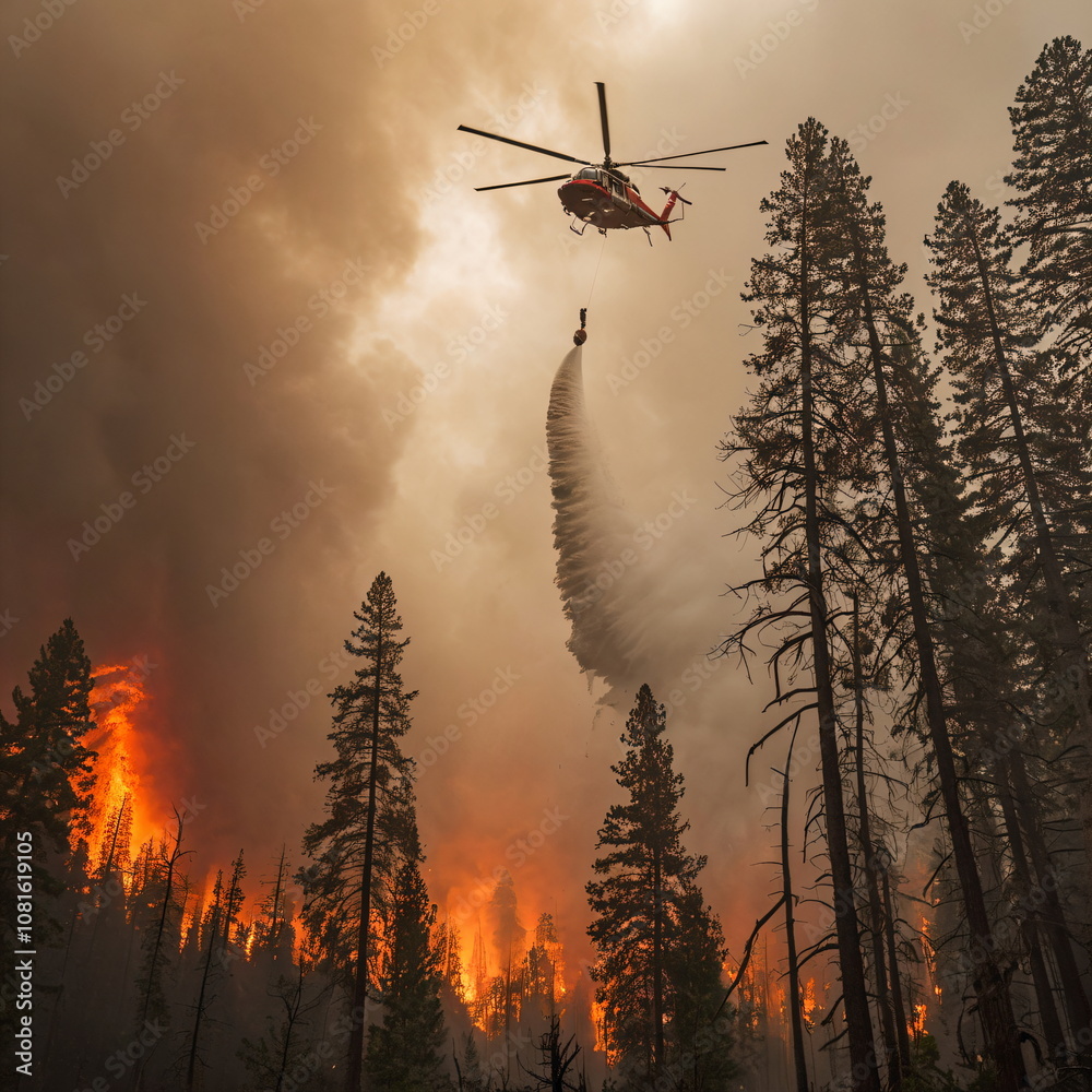 Dramatic Helicopter Water Drop on Spreading Forest Fire, Intense Upward ...