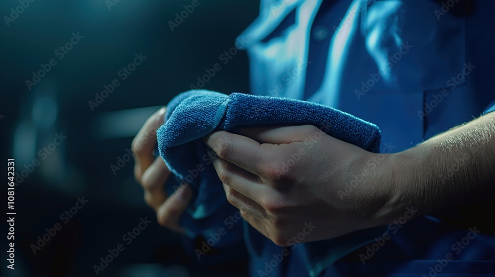 A cleaner’s hands in a blue uniform holding a dusting cloth in close-up ...