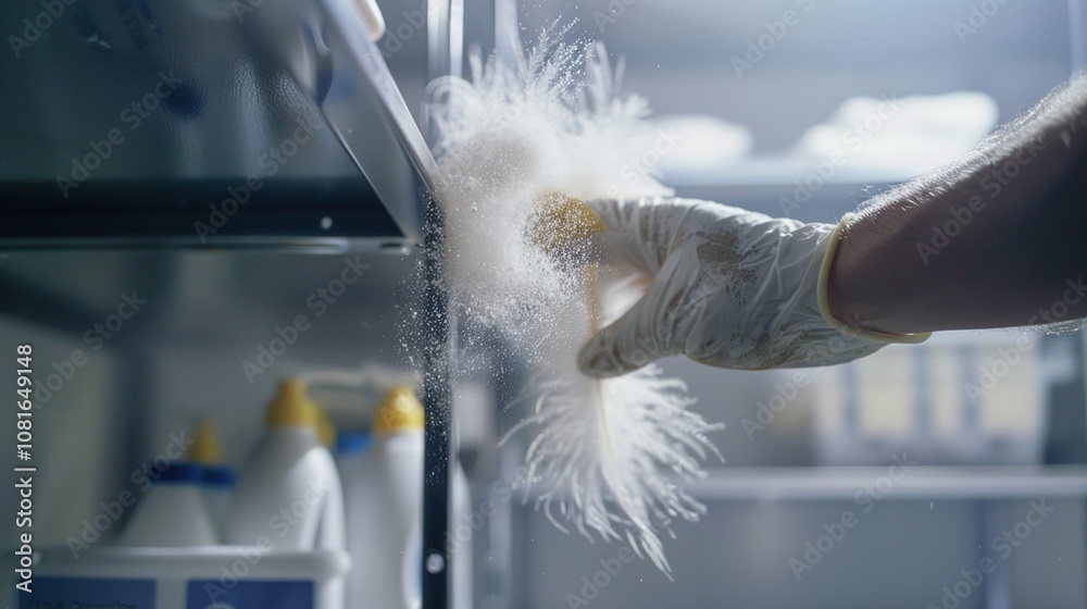 Close-up of janitor’s hand cleaning a high shelf with a feather duster ...