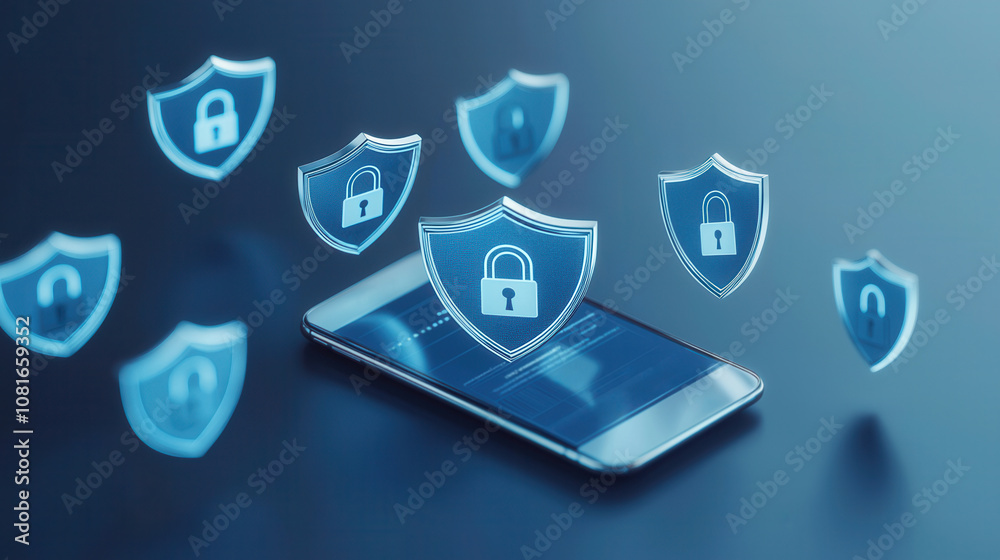 Secure mobile technology with digital lock icons representing safety ...