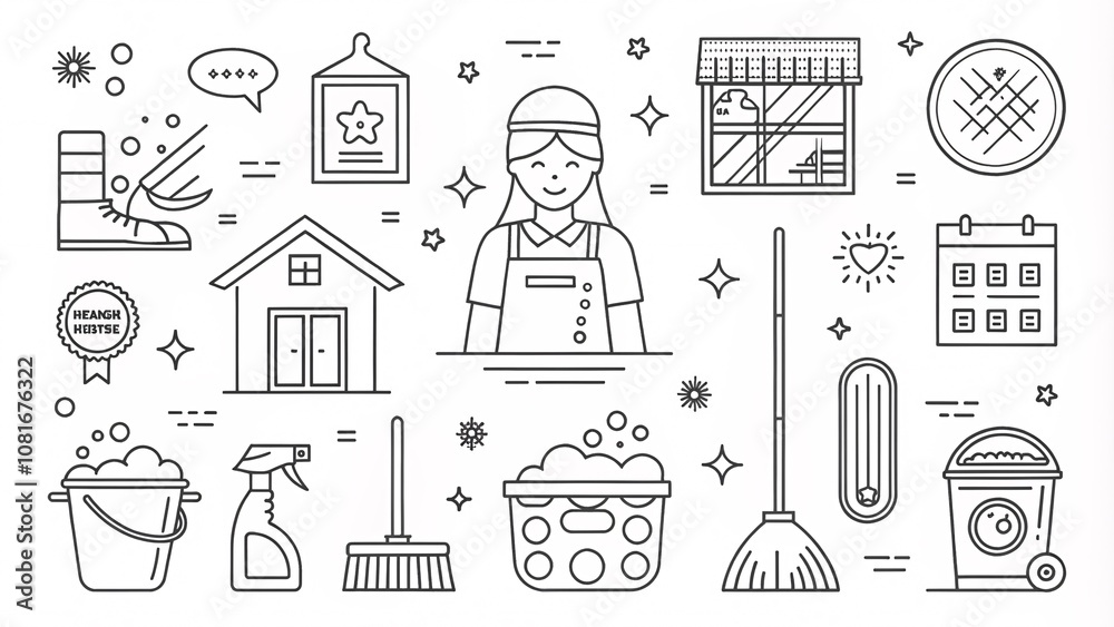 Minimalist Line Art Icons of House Cleaning & Domestic Chores with Cute ...