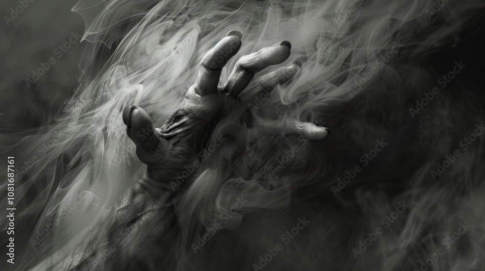 Craft a digital masterpiece of a ghostly hand reaching out from a swirl ...