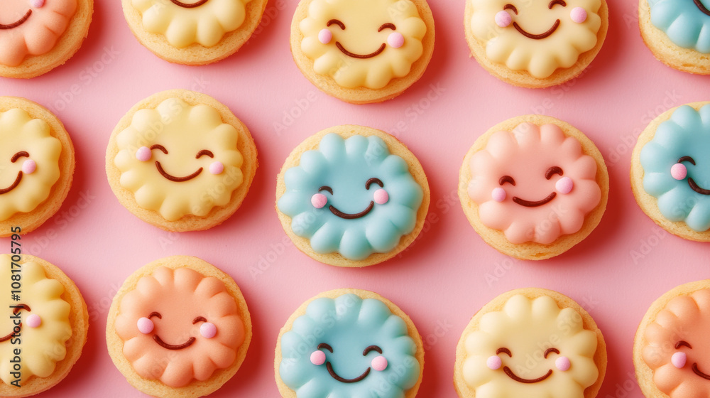 Cute cartoon biscuits with smiling faces and winking eyes. The biscuits ...