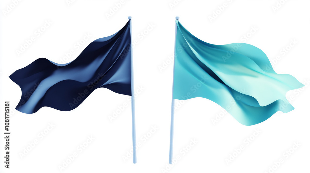 Two sets of dark blue, light blue, and turquoise flags are waving in ...