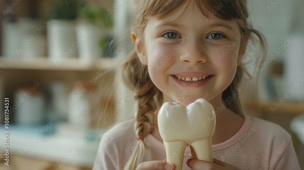 happy child with missing tooth holding a big tooth in section model ...