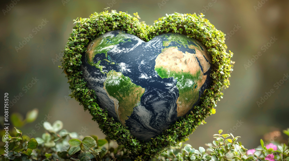 heart shaped frame of greenery surrounds globe, symbolizing love for ...