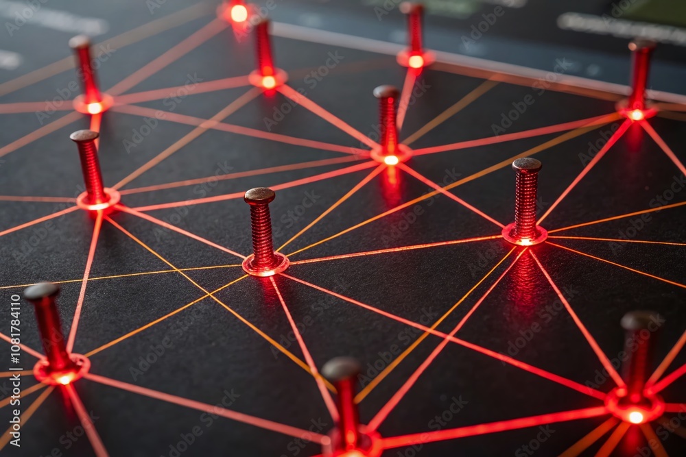 Abstract Network Visualization With Red Nodes And Glowing Connections